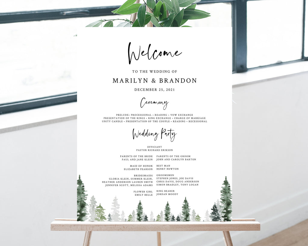 Pine Tree Wedding Program Sign Template, Printable Forest Wedding Welc | paperandthings