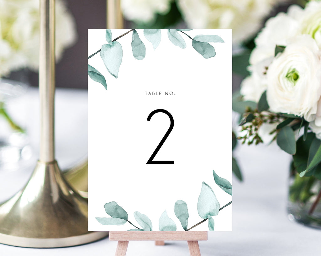Printable Wedding Table Numbers, Greenery Table Numbers Card Template ...