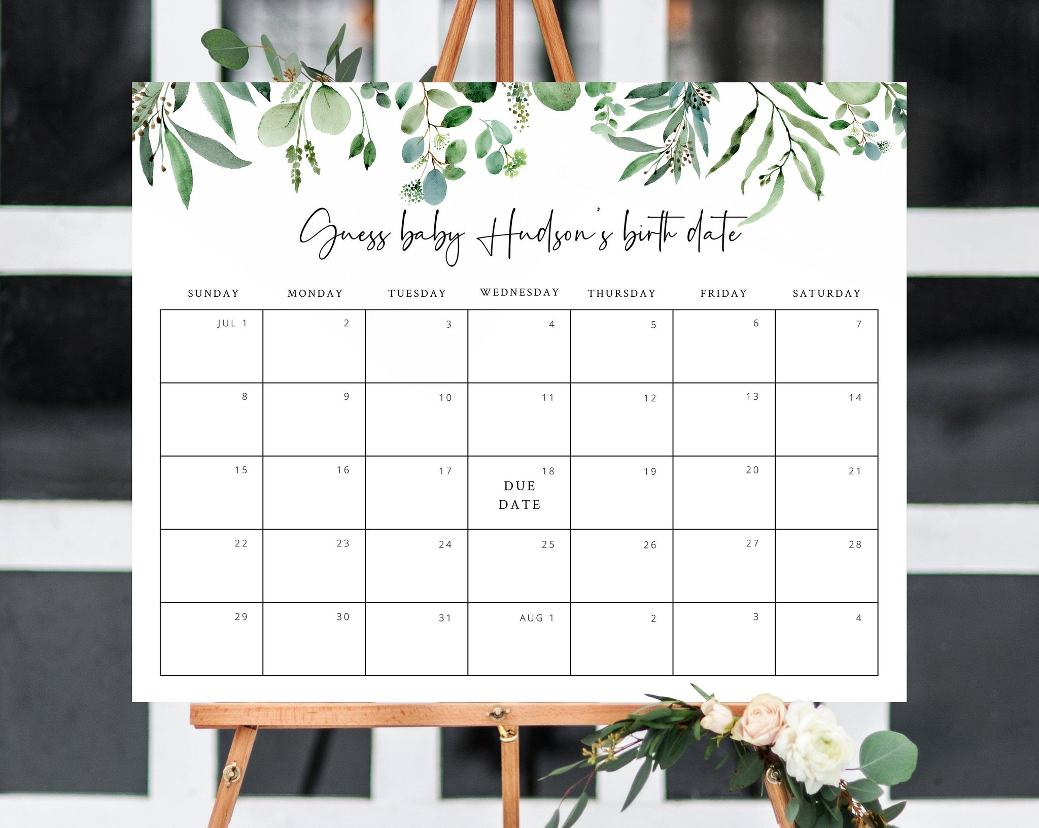 Greenery Due Date Calendar Template, Baby Due Date Game, Printable Bab ...